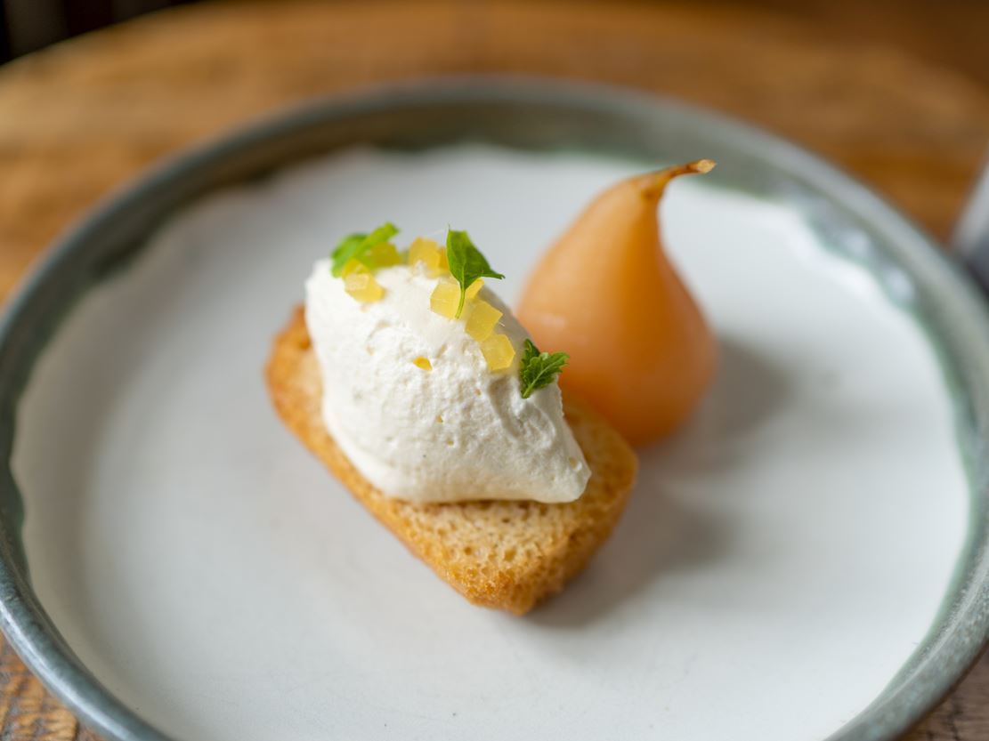 TOM KITCHIN’S WHISKY BABA WITH KOREAN SPICED POACHED PEAR
