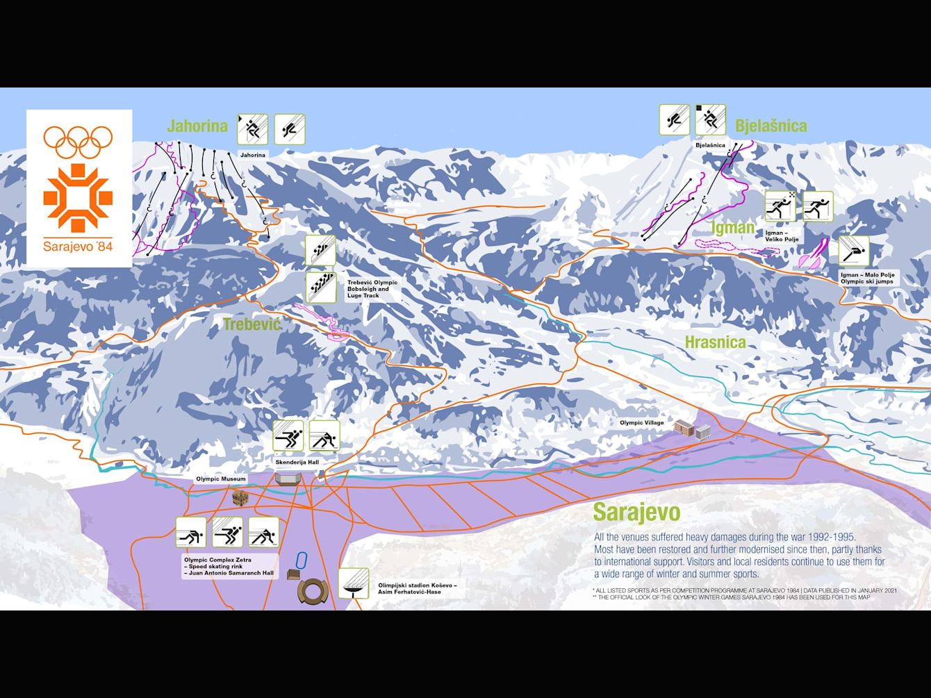 Map of the Sarajevo 1984 Olympic Winter Games venues. Carte des sites ...