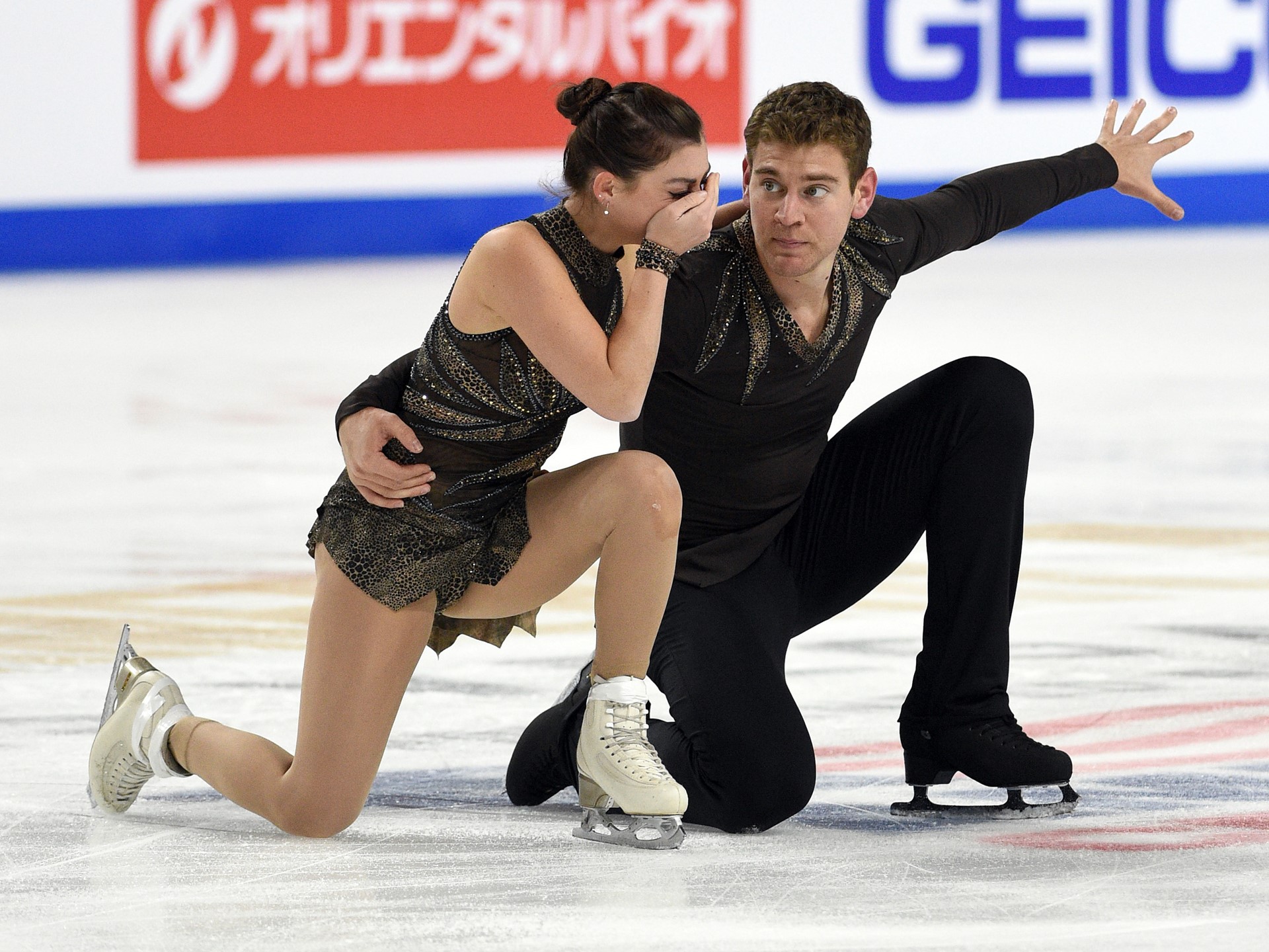 Haven Denney and Brandon Frazier of the United States react